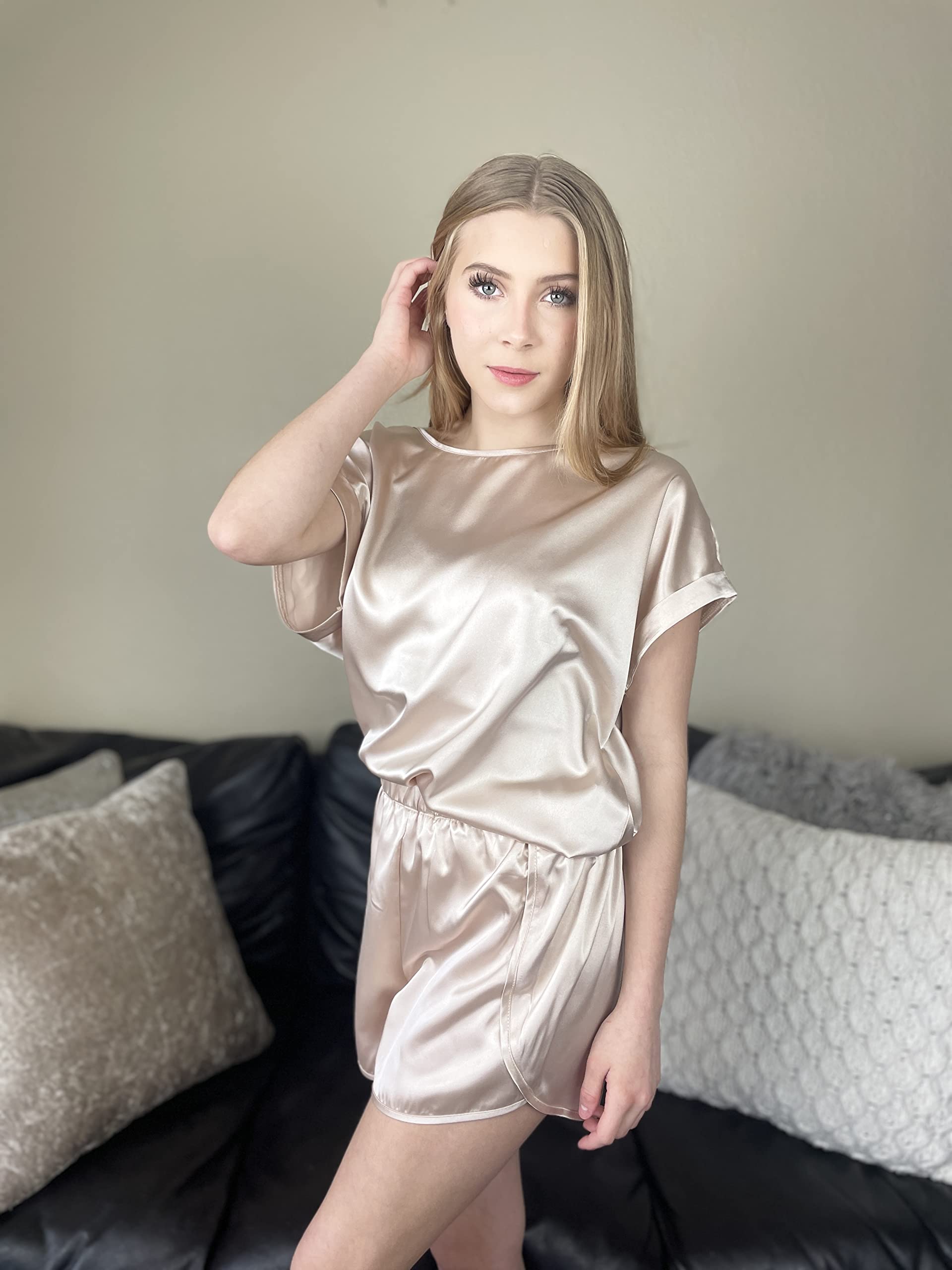 Ekouaer Women Satin Pajama Set Short Sleeve Silk Pj Set Two Piece Classic Nightwear(Champagne, X-Large)