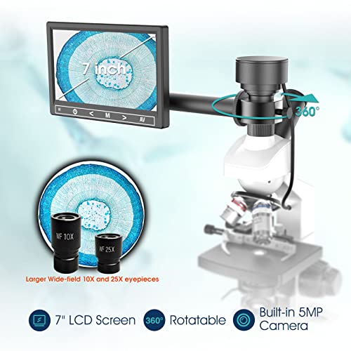 Microscope for Adults with 40X-2500X Magnification,Dual-View Lab Compound Monocular Microscopes with Adjustable Thermostat Mechanical Stage, WF10X/25X Eyepiece, 7'' LCD Screen, Built in 5MP Camera