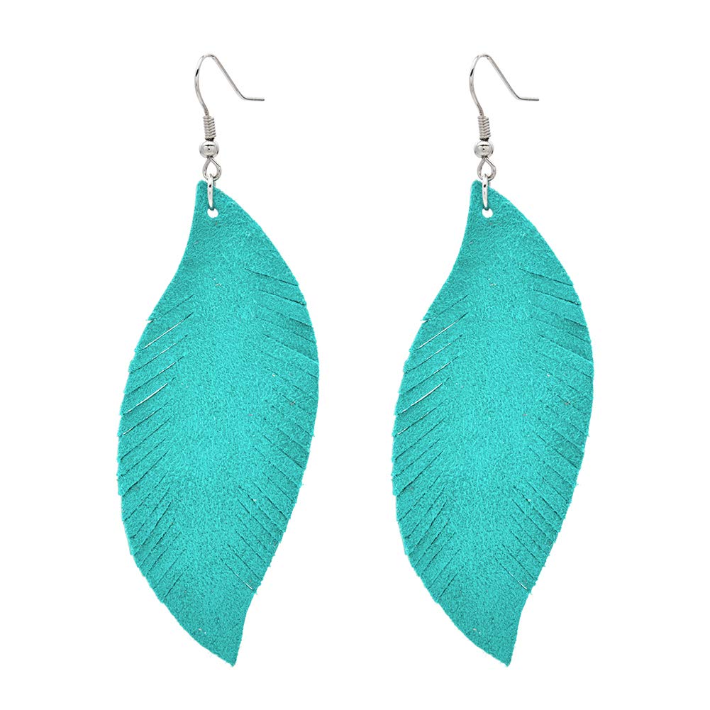 Genuine Leather Feather Earrings DIY Jewelry Leaf Drop Dangle Lightweight Earrings Design (Green)
