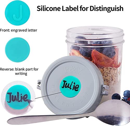 P&Y Overnight Oats Containers with Lids, 12 Oz Glass with Spoons for Mason Overnight Oats Jars, Oatmeal Container with Letter Silicone Label for Cereal Yogurt Fruit (Gray K Forks, 2Pack) (YMB New)