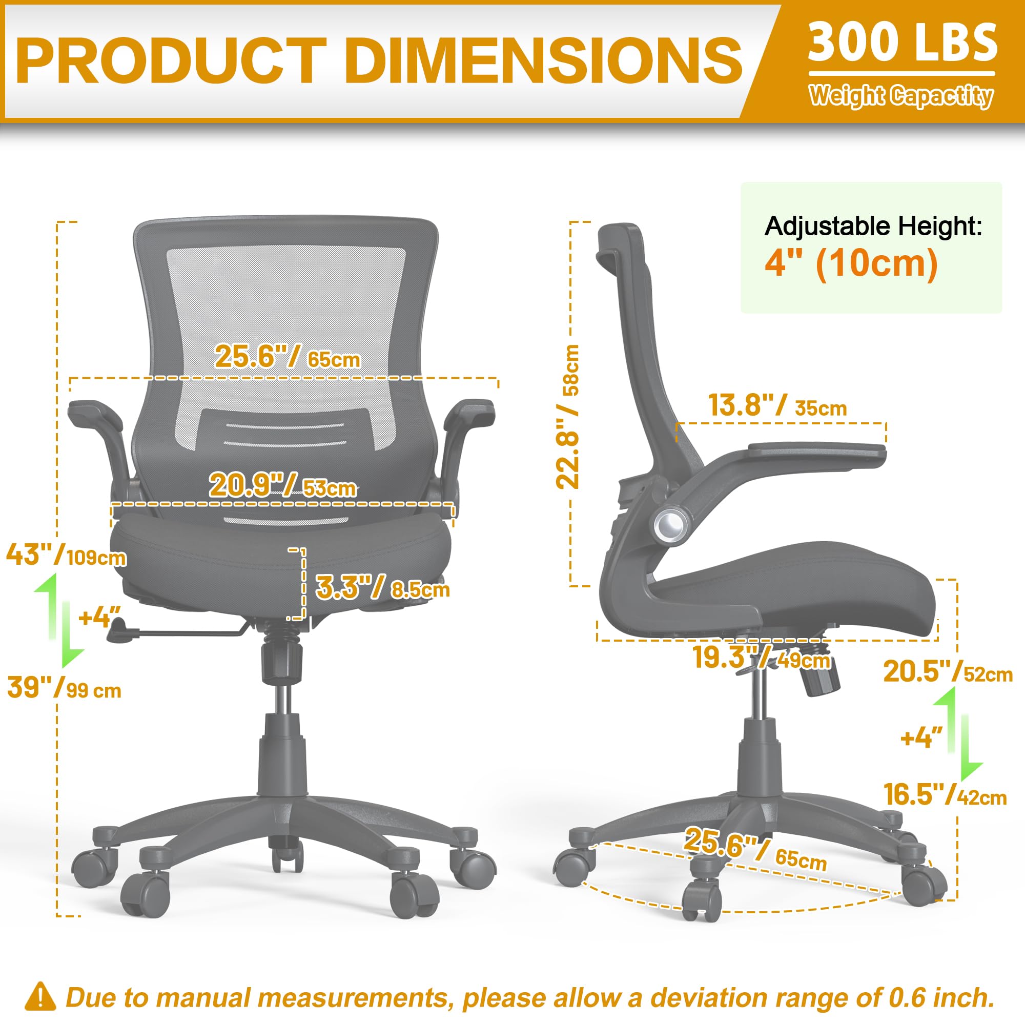KIZECK Mesh Office Task Study Home Desk Computer Chair with Back Support Flip up Armrest for All People