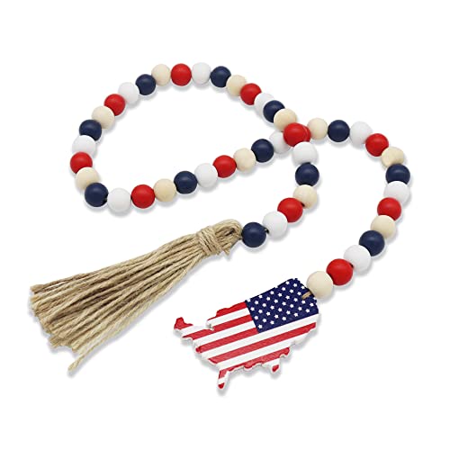 Wooden Beads Decor,Fall Decorations for Tiered Tray Decor Wood Bead Garland, Farmhouse Decor Beads with Tassel, Prayer Boho Beads Big Wall Hanging Decor (Red, White, Blue)