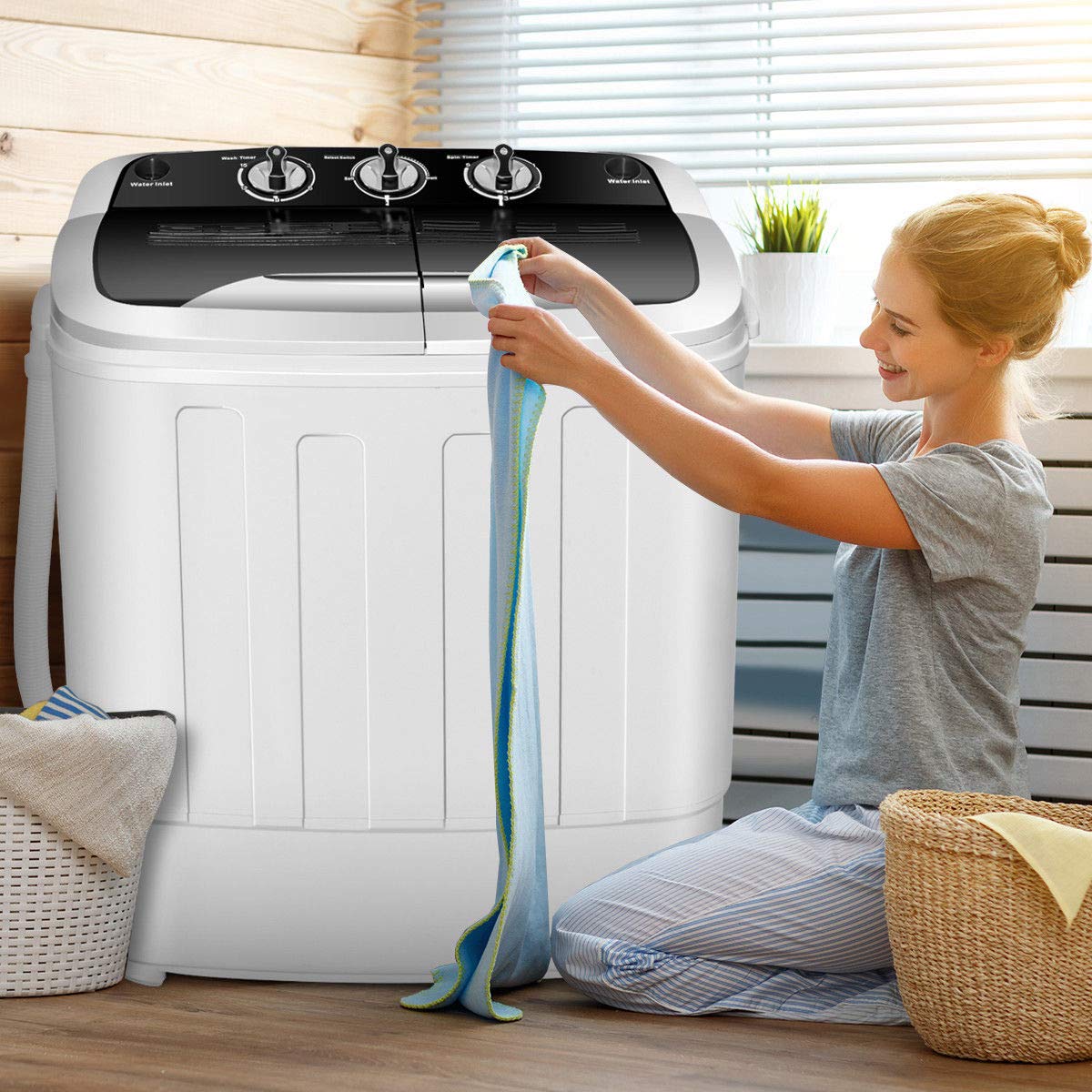 Giantex Portable Compact 13 Lbs Mini Twin Tub Washing Machine Washer Spin Dryer (Black&White)