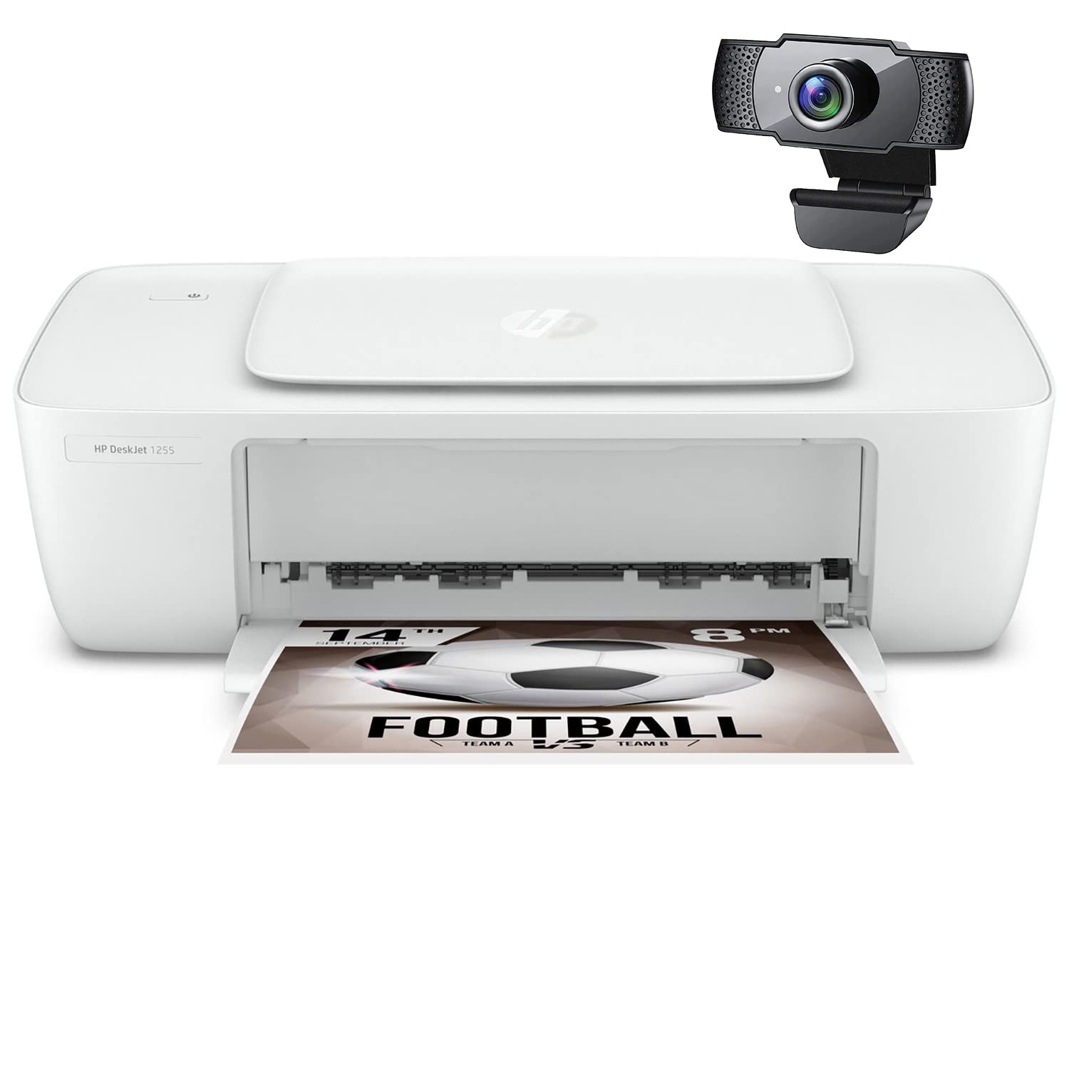 HP Deskjet 1255 Wired Single-Function Compact Color Inkjet Printer for Home Office, Print Only, USB Connectivity, 4800 x 1200 dpi, 8.5" x 14", Manual 2-Sided Printing, White, Cbmou External Webcam