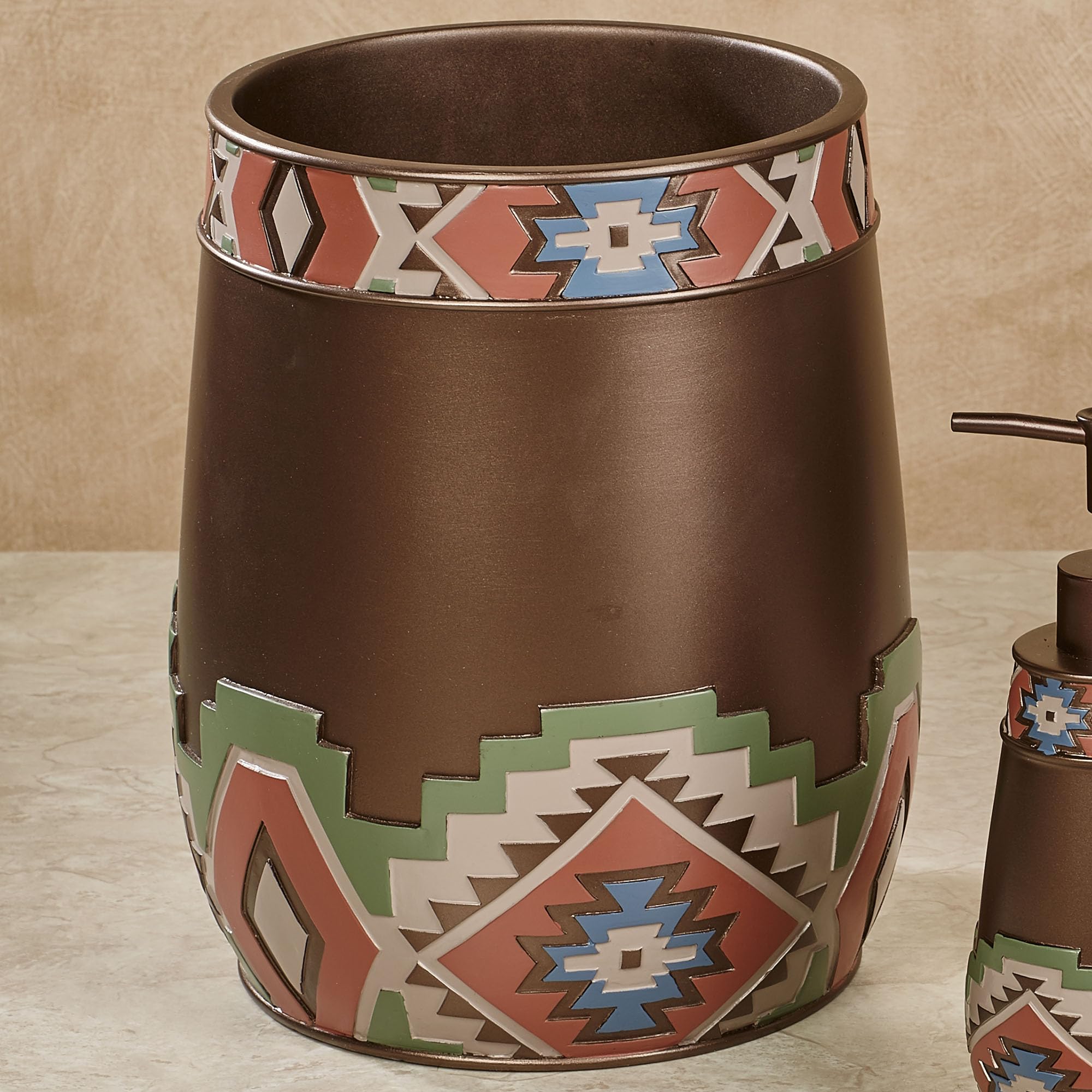 Valley View Wastebasket Multi Warm, Hand-Painted, Made of Resin, Shades of sage, Chocolate, Sand, Russet, and Indigo 10 Inches High