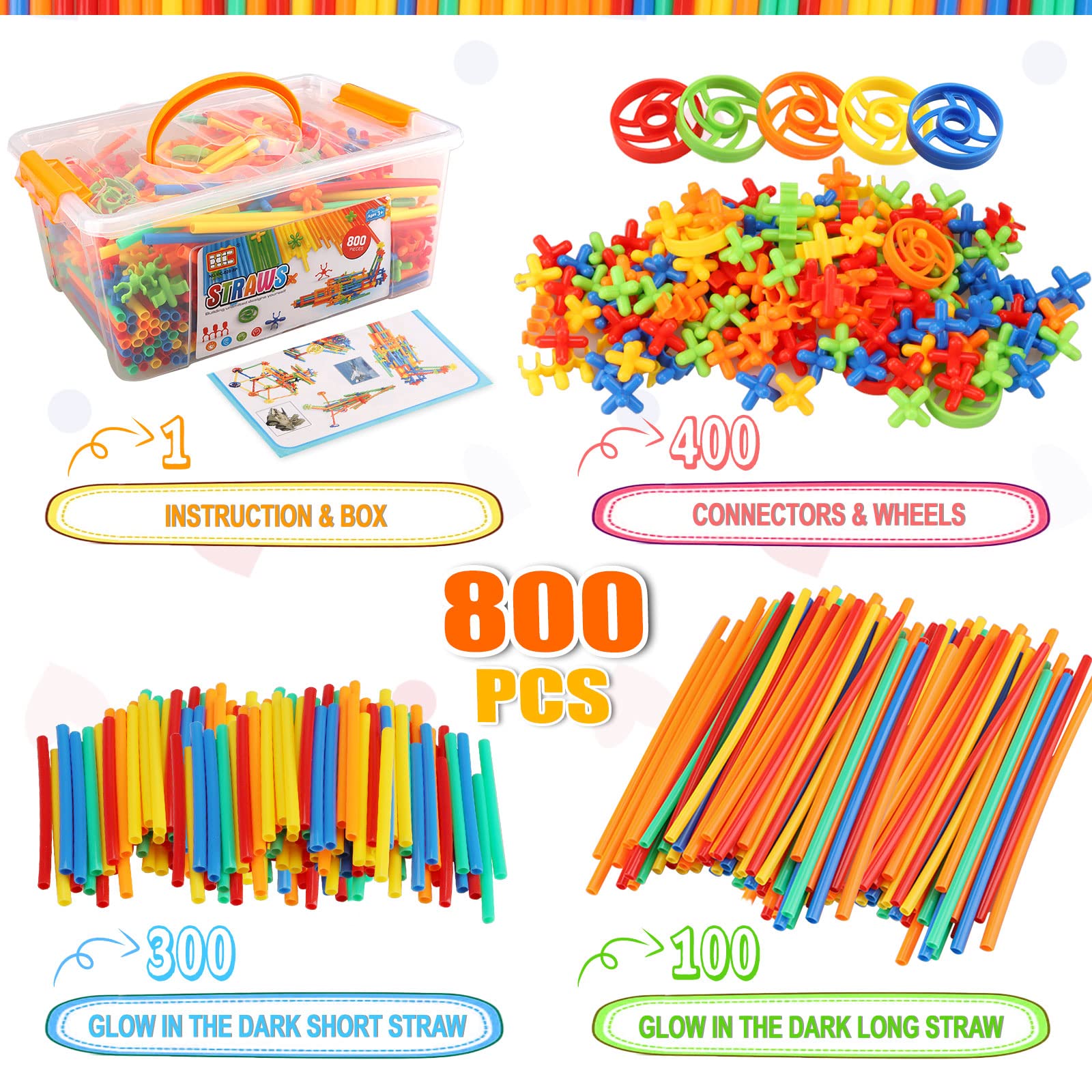 Glow Straw Connecting STEM Building Toys Set - 800 Pcs Colorful Glow in The Dark Straw Interlocking Plastic Toys, Creative Engineering Building Blocks, Gift for Kids 3 4 5 6 7 8 Year Old Boys & Girls