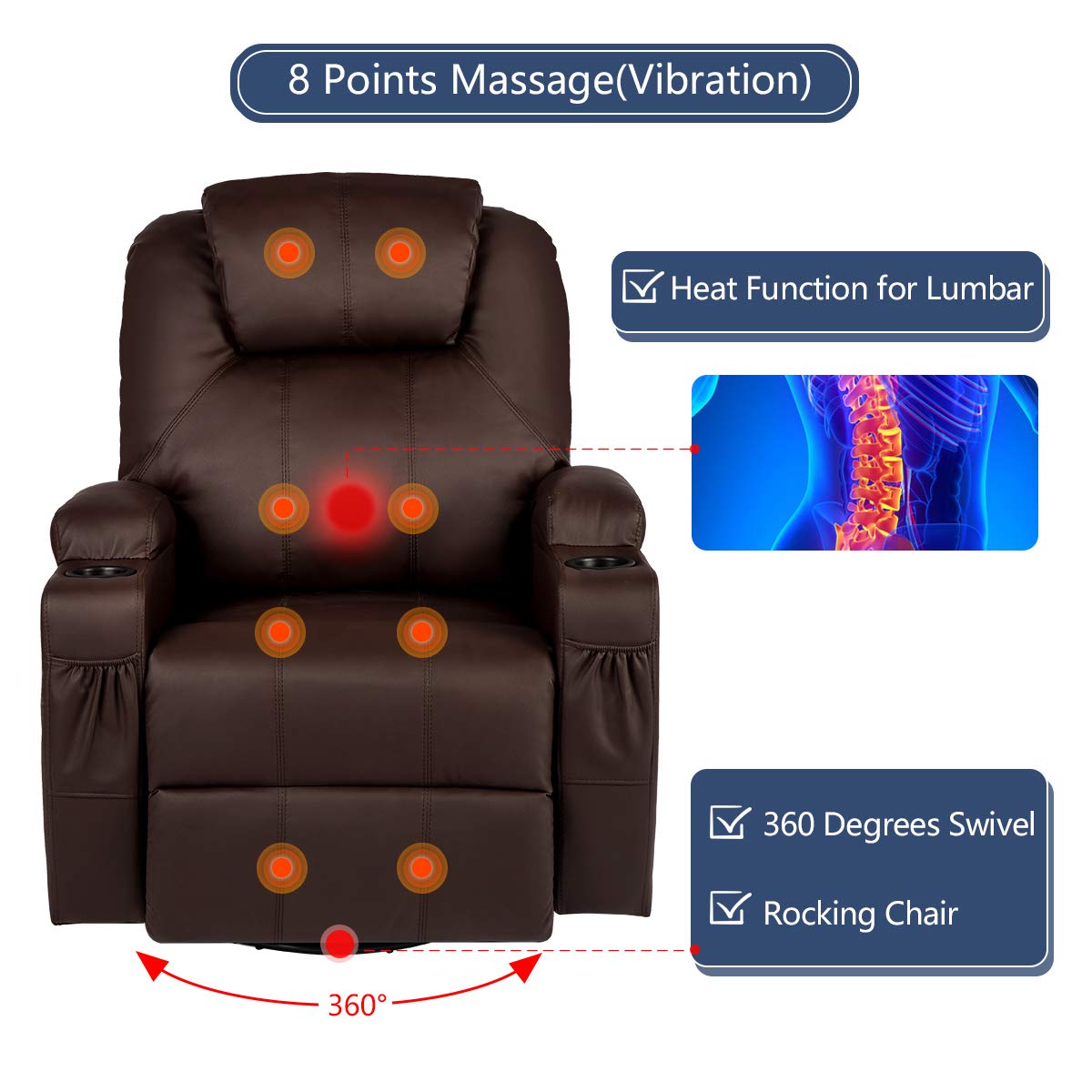Esright Massage Recliner Chair Heated PU Leather Ergonomic Lounge 360 Degree Swivel, Brown