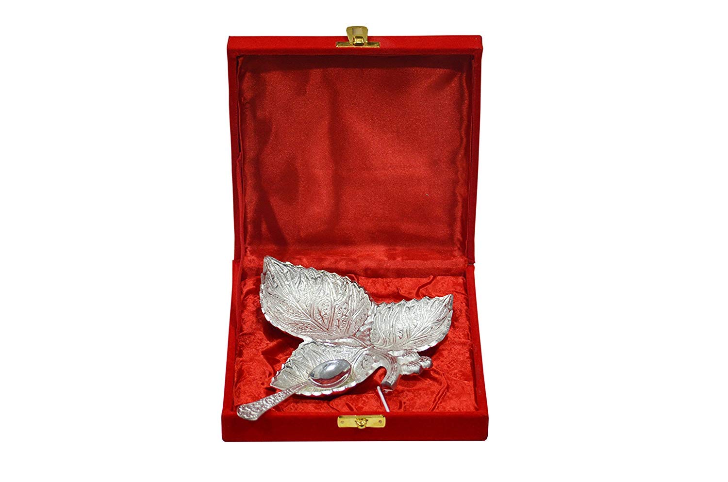 Indian Accent Silver Plated Brass Leaf Shaped Bowl 7” With Spoon Royal Design From