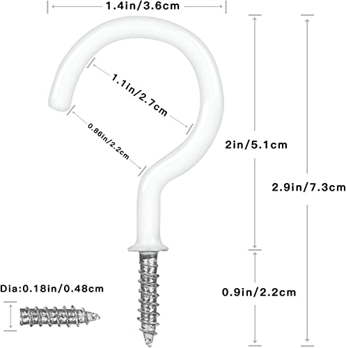 QEZEZA 10 Packs of Vinyl Coated Ceiling Hooks, Plant Hooks, Kitchen Hooks, Hanging Hooks, Kitchen Hooks for Indoor and Outdoor use, 2.9-inch Silver Spiral Hooks, (White)