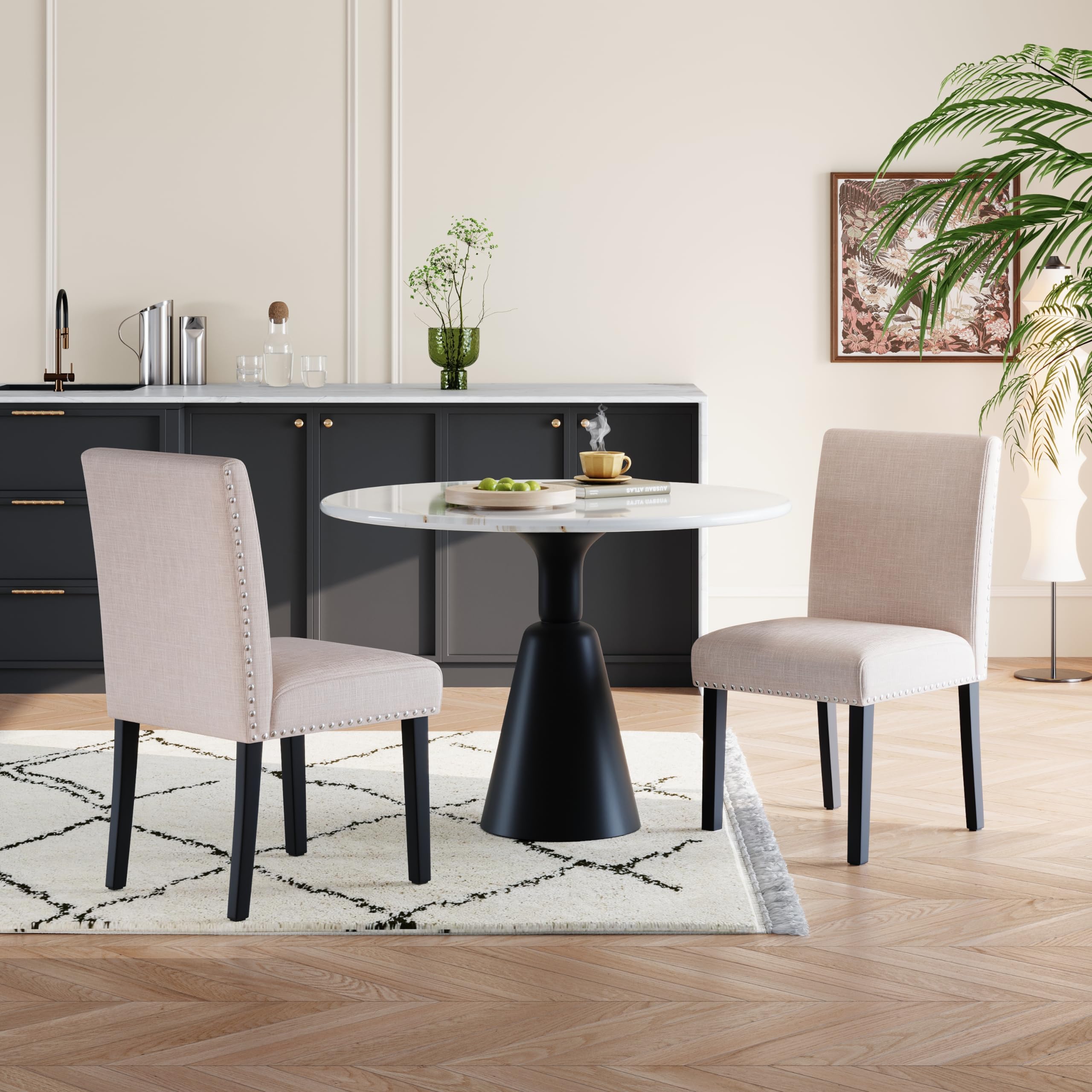 DrInn Dining Chairs, Modern Farmhouse Linen Nail Head Trimmed Upholstered DiningChairs, Set of 2 (Beige)