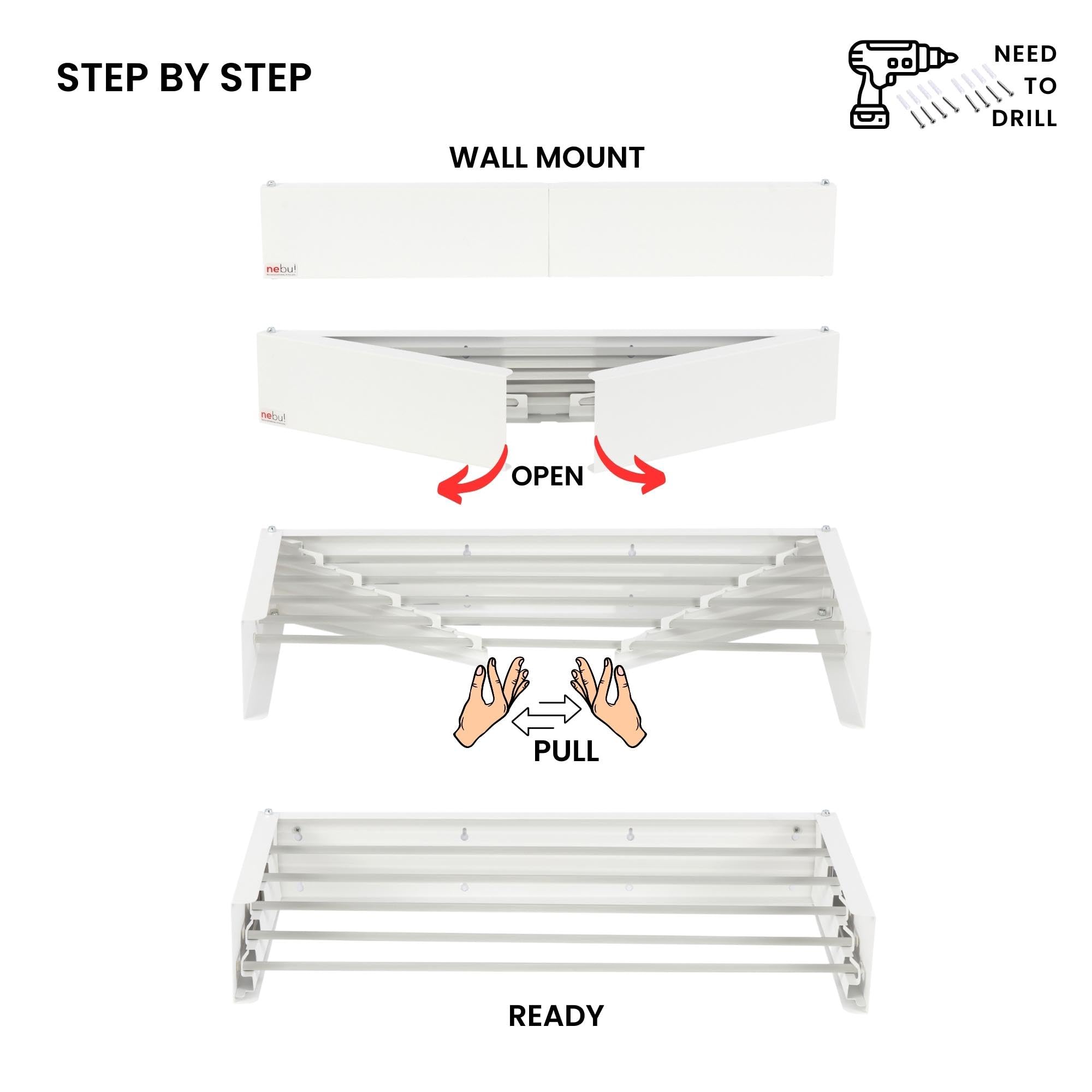 NEBU Clothes Laundry Drying Rack 28”- an Elegant Wall-Mounted Hanger, Folding Stainless Steel Collapsible, Space Saver with 12 Linear feet, Drying Capacity 27lbs