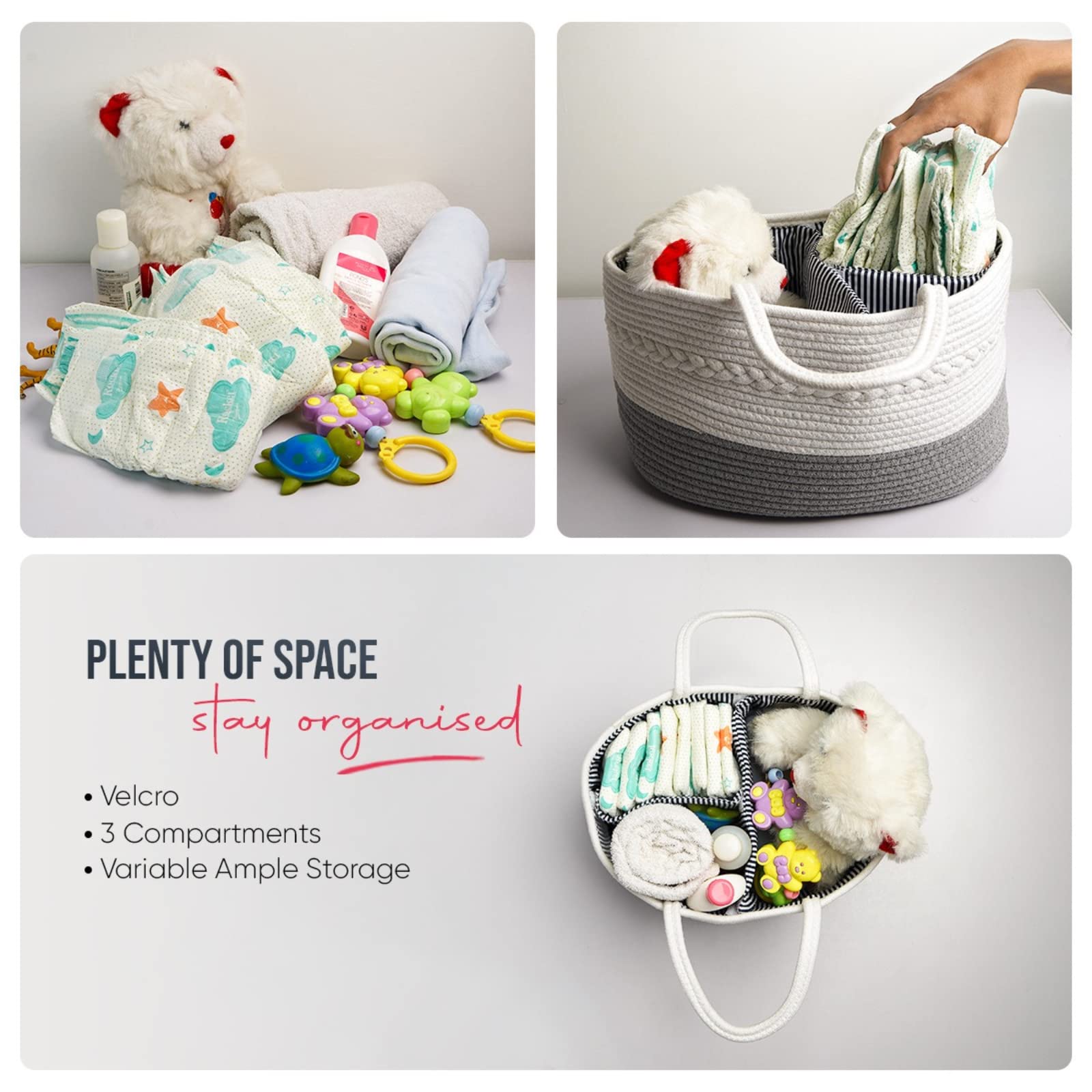 KEN Baby Diaper Caddy Organizer – Grey White Cotton Rope Portable Diaper Organizer for Changing Table, Nursey Storage Bin with Removable Inserts