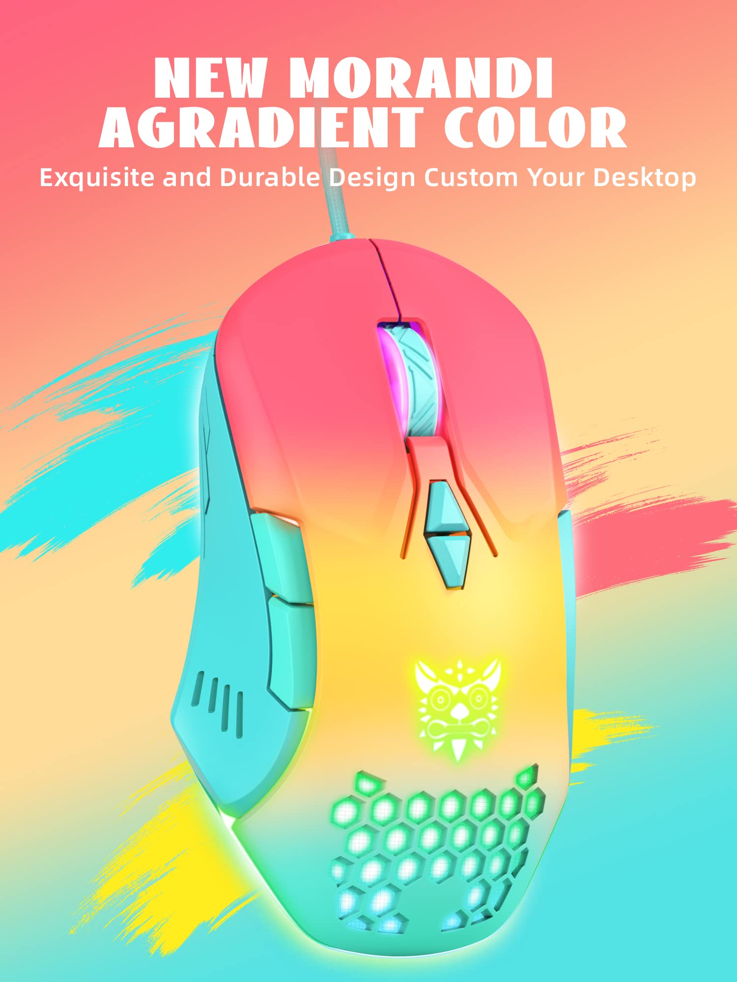 Gaming Mouse Wired, Morandi Gradient RGB LED Wired Gaming Mouse, Ergonomic Plug Play PC Gaming Mice with Honeycomb Shell, 6 Adjustable DPI Up to 6400, USB Pink Mouse for Office/Windows/Mac (MRD CW902)