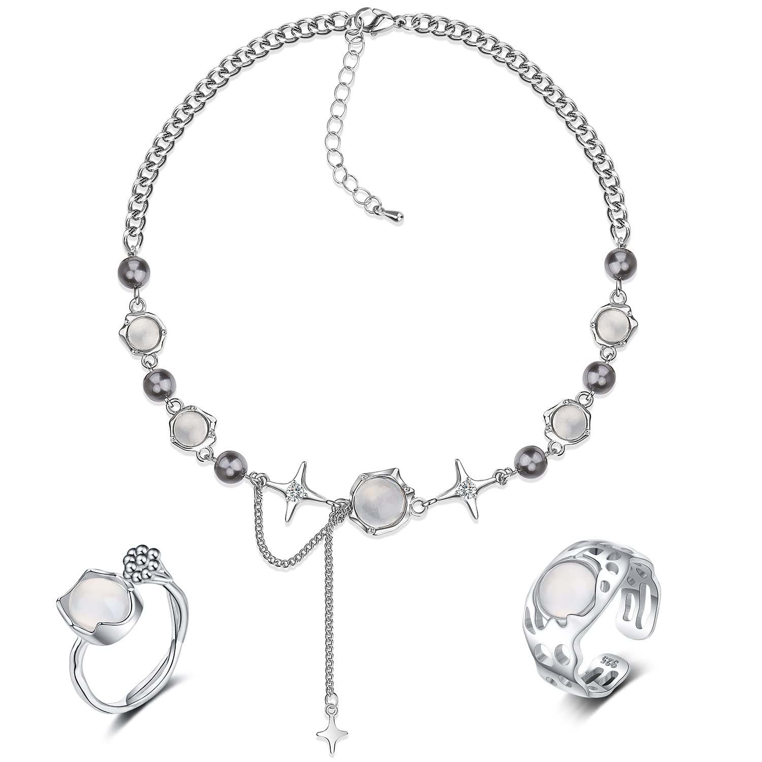 gothapy Y2k Star Moonstone Necklace Set Punk Irregular Agate Grunge Rings Gothic Downtown Girl Choker for Women Egirls