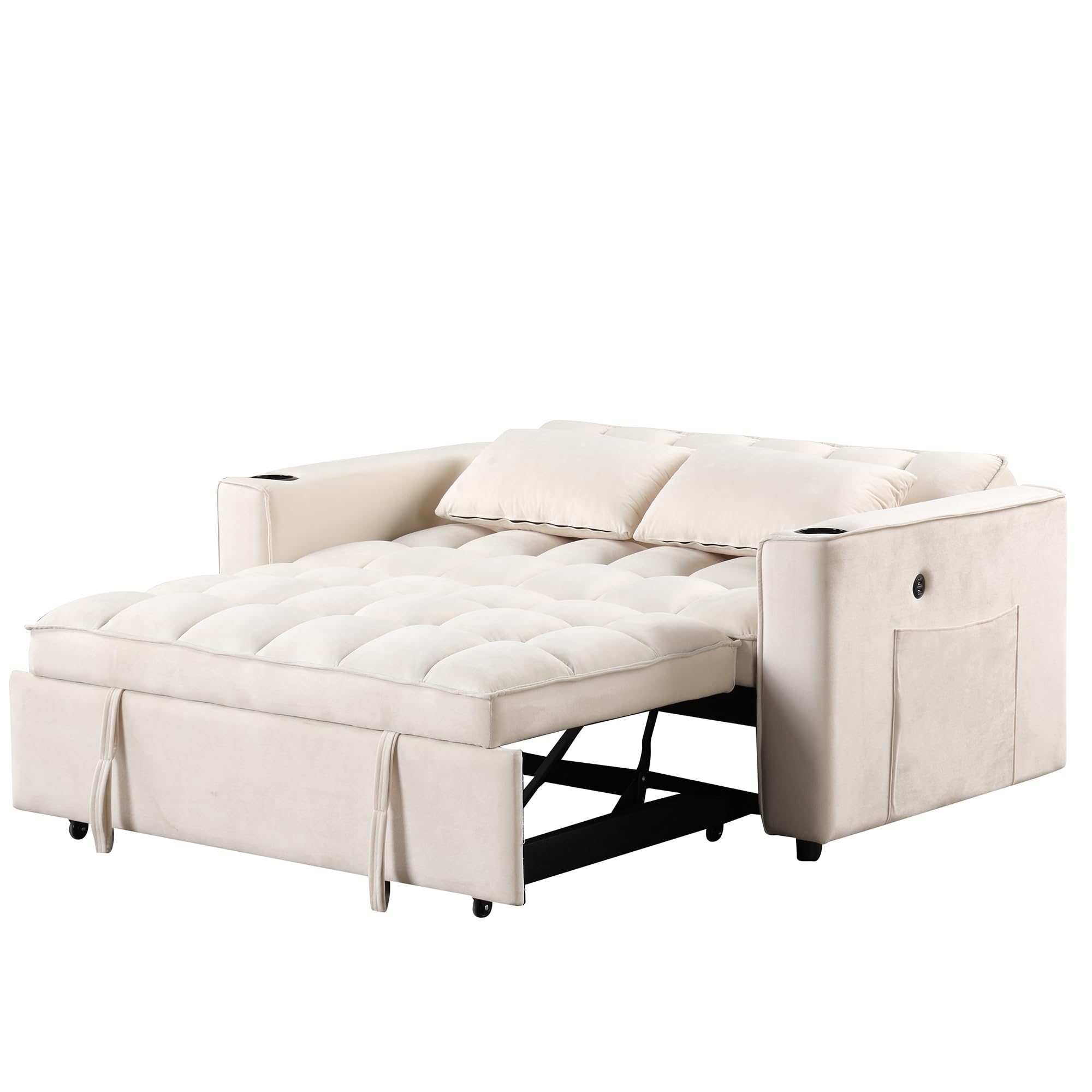 Merax 58" 4-1 Multi-Functional Velvet Sofa Bed with Cup Holder and USB Port for Living Room or Apartments Love Seats, Milky White