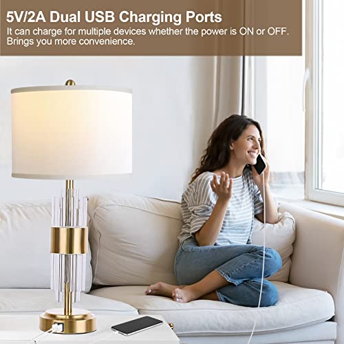 QiMH Gold Table Lamp for Living Room, Bedside Lamps for Bedrooms with Touch Control USB Ports, Modern Nightstand Lamp White Shade Home Lighting Decor (2700K LED Bulb Included)