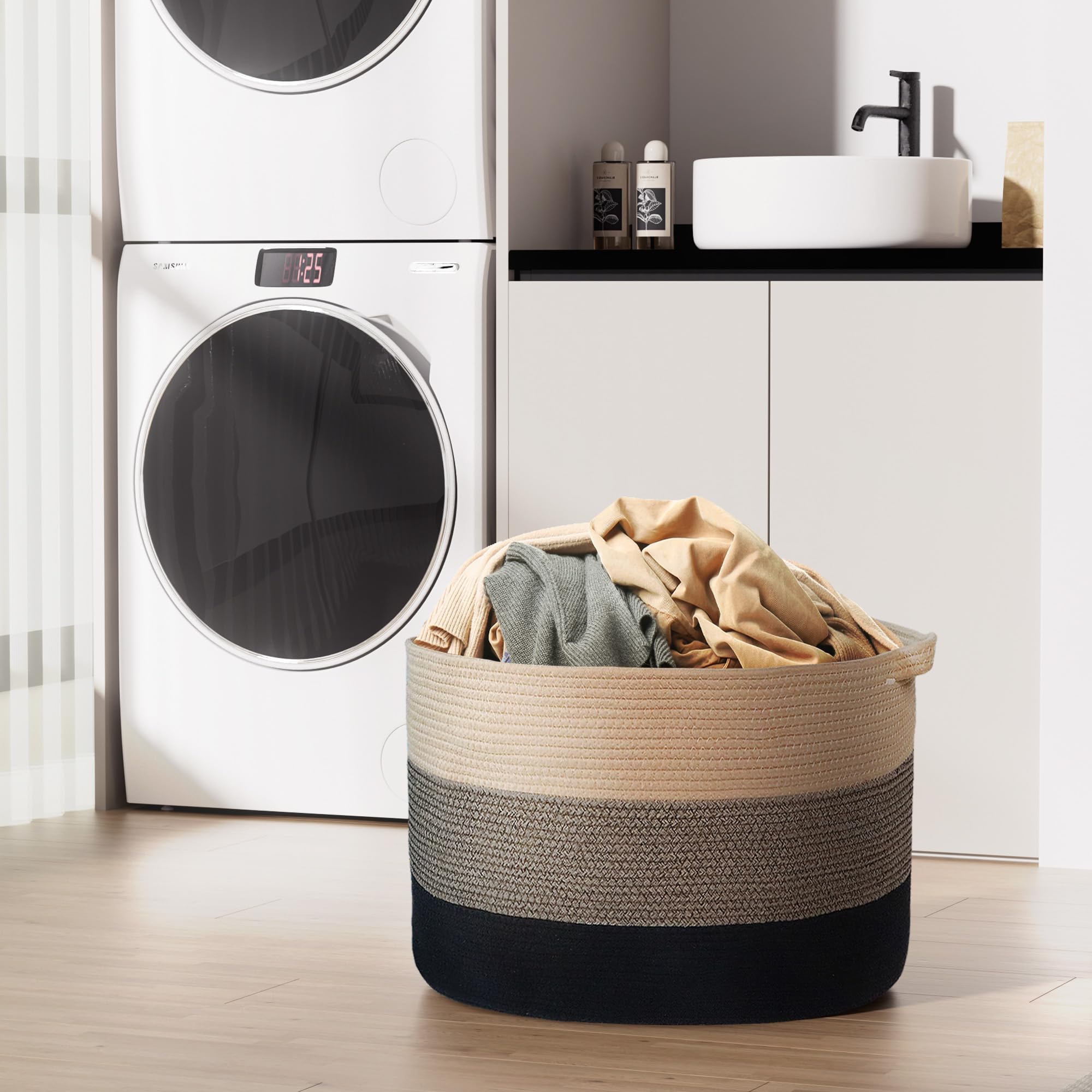 MXMHOME Large Cotton Rope Basket,22"x22"x14"Throw Blanket Storage for Living Room Woven Baby Laundry Basket with Handle Nursery Basket Soft Toy Storage Basket Comfoter Cushions Thread Hamper