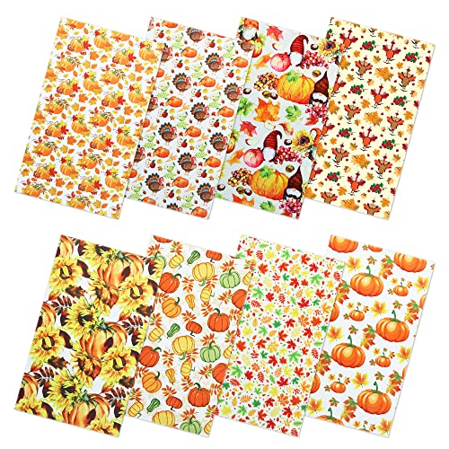 Pack of 8 Thanksgiving Fat Squares Fabric Sheets Bundles, 20" x 20", Assorted Fall Autumn Harvest Theme Patterns Include Maple Pumpkin Turkey Sunflower for Party Supplies Decor DIY Sewing Quilting