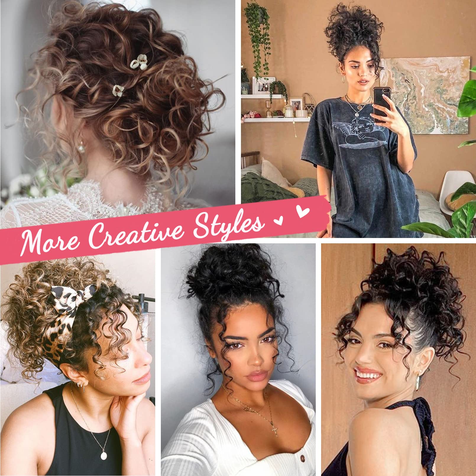 HOOJIH 1PCS Messy Hair Bun Piece Elastic Drawstring Loose Wave Large Curly Bun 60 Gram Short Synthetic Ponytail Hair Bun Extension for Women Daily Use - Silver Gray With Brown mixed