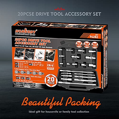 HORUSDY 20-Piece Extension Bar Set, 1/4", 3/8" and 1/2" Drive Socket Extension Set