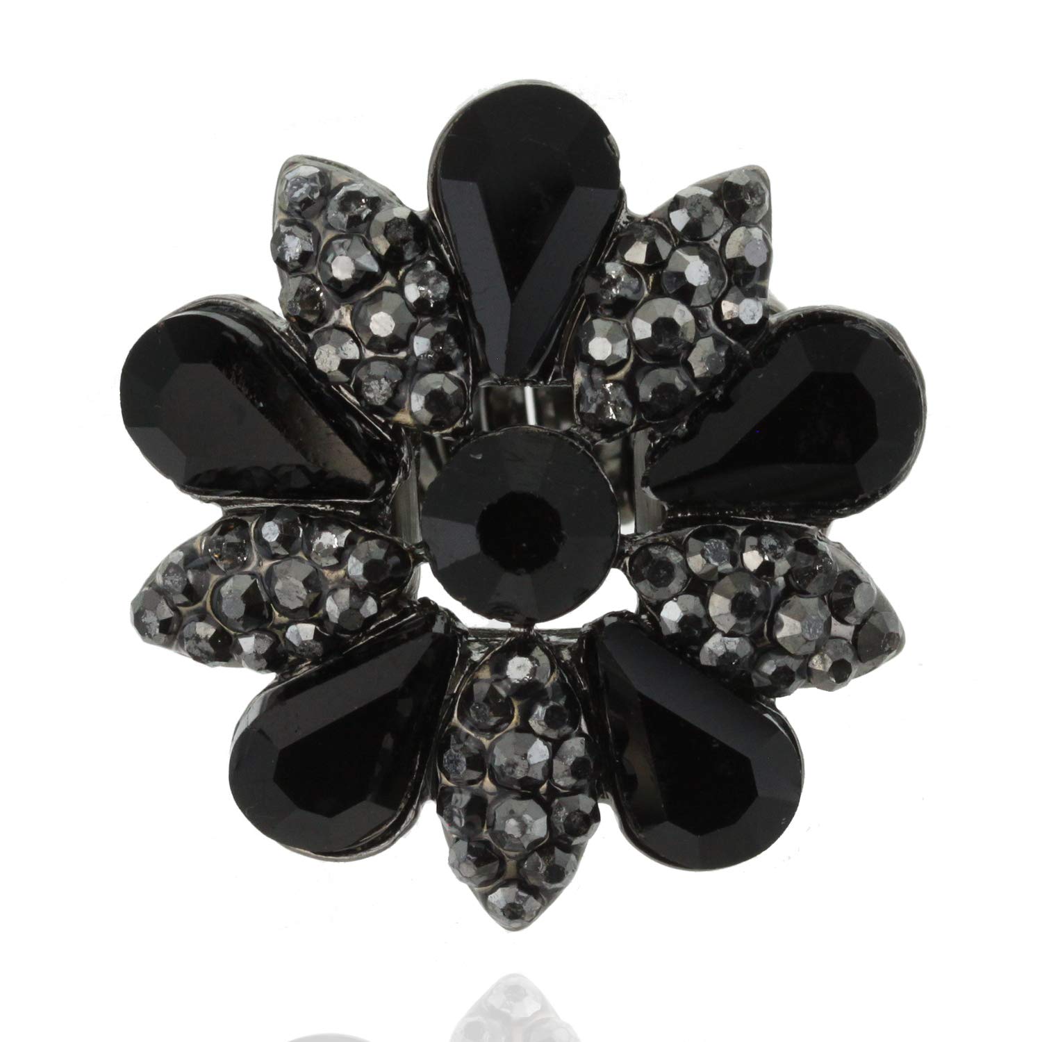 Fashion Flower Ring Embellished with Rhinestones and Austrian Crystals in Black