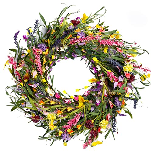 Sggvecsy Daisy and Lavender Wreath 22’’ Wildflower Spring Summer Artificial Silk Wreath for Front Door Home Wall Wedding Festival Farmhouse Holiday Decor