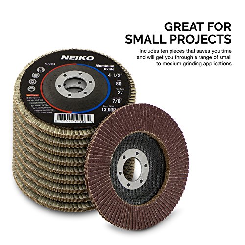 NEIKO 11108A 10 Pack Aluminum Oxide Flap Discs 4-1/2 for Angle Grinder, 80 Grit Flapper Wheel, Flat T27 Grinding Wheel 4.5 Inch Flap Disc, 7/8" Arbor Grinding Disc, Wood & Metal Sanding