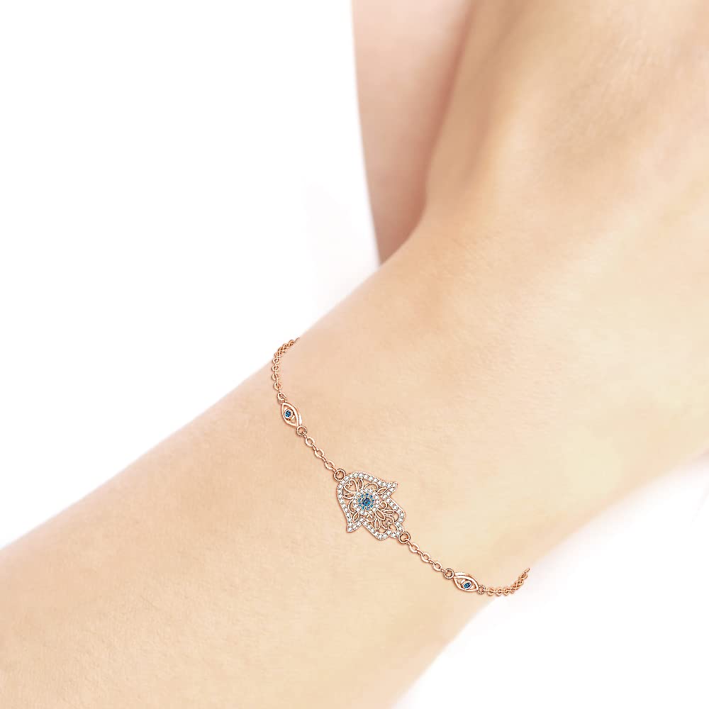 Hamsa Hand Evil Eye Bracelet for Women Rose Gold Sterling Silver Dainty Cute Crystal Round Blue Evil Eye Fatima Bracelets