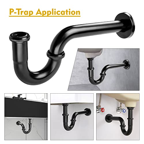 JEAPHA Stainless Steel P-Trap - 1 1/4 Inch Bathroom Basin Sink Waste Trap with Reducing Washer, Matte Black
