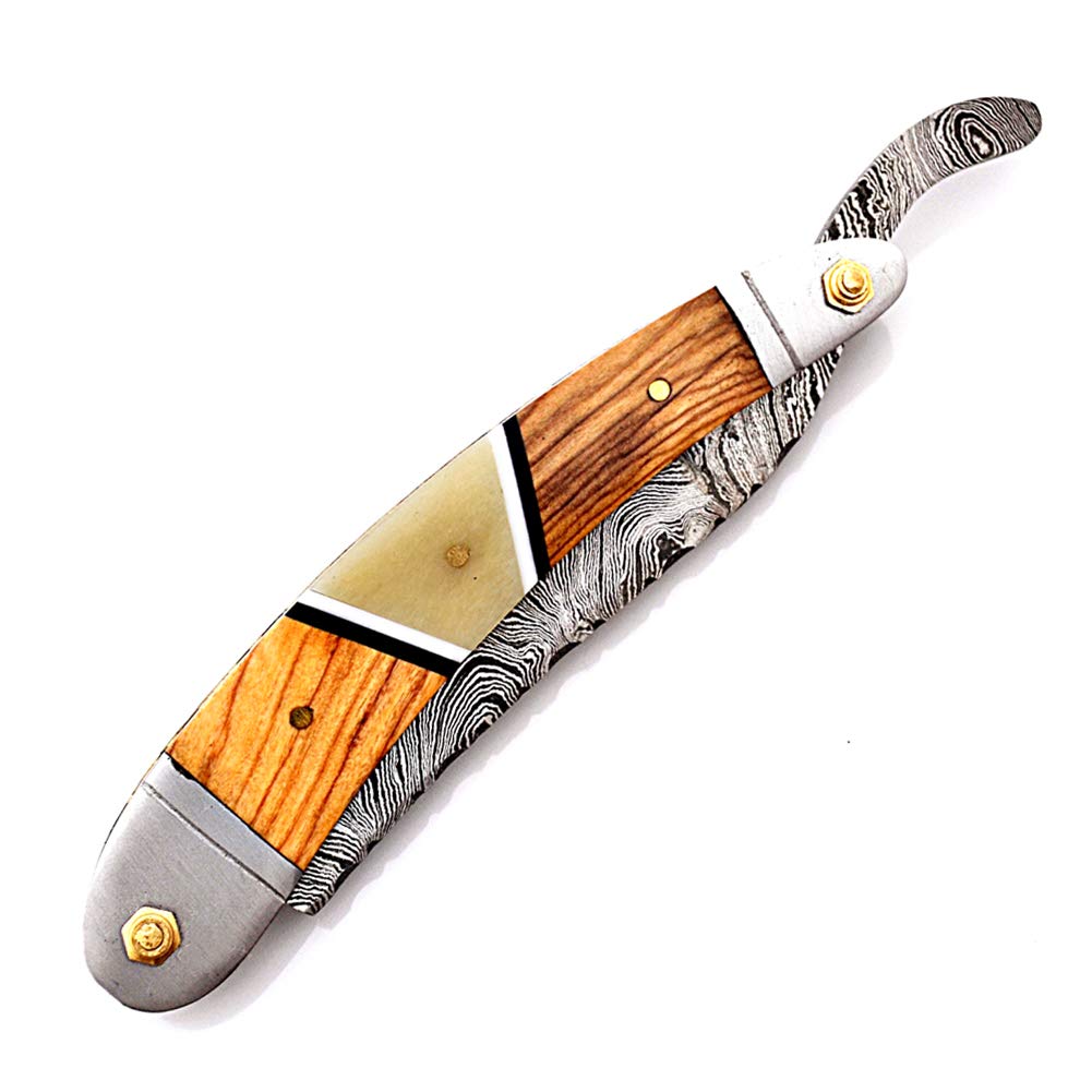 Hand Made Damascus Steel Straight Razor Folding Razor With Shaving Ready Classic Barber Blade Edge, Men Straight Razor, Leather Case + Strop, Close Shave, Great Gift R-52