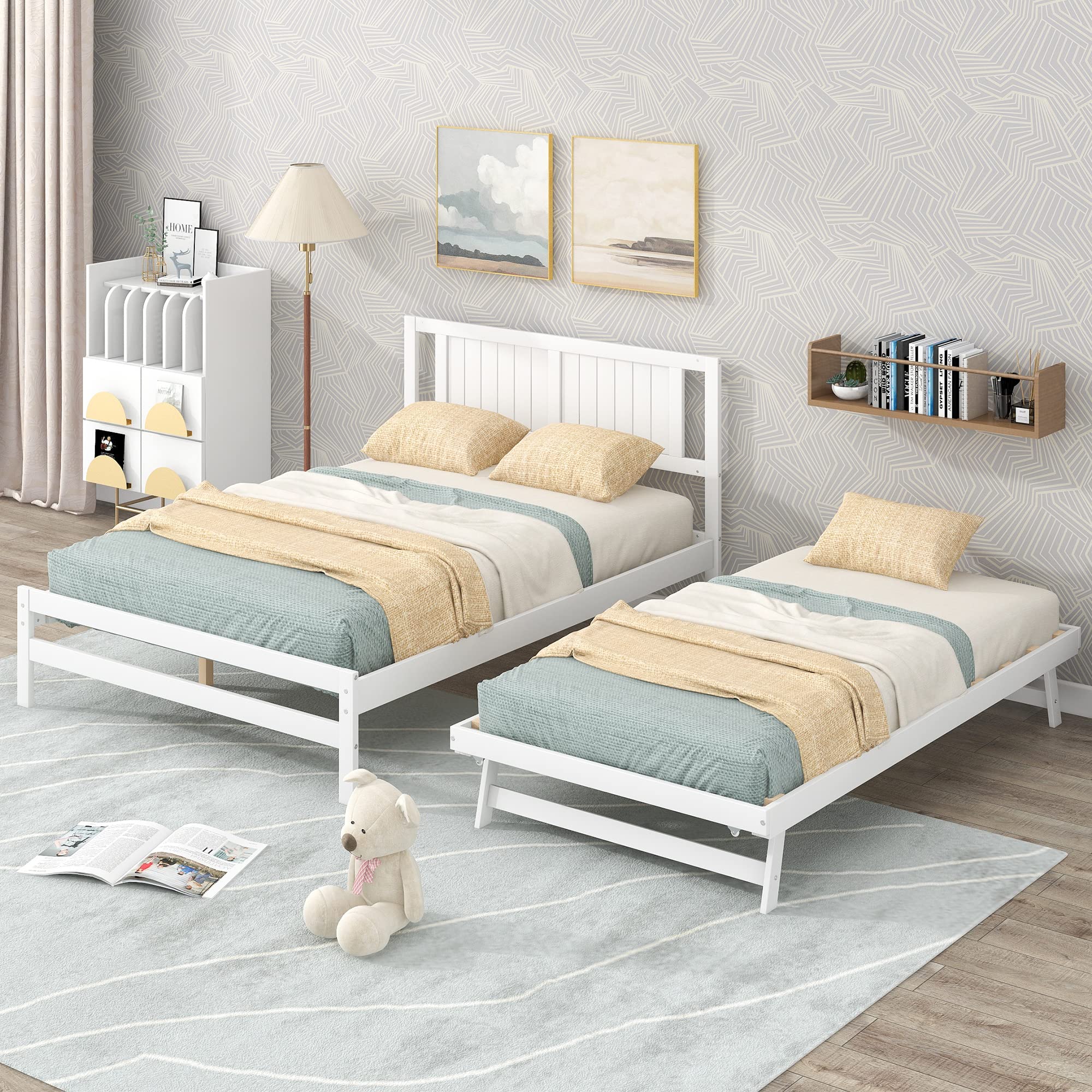 Jintop Full Size Metal Daybed with Twin-Size Trundle and Curved Handle Design,Durable Iron Sofa Bed Frame W/Slats Support,No Box Spring Needed,for Bedroom,Apartment,Guest Room,White
