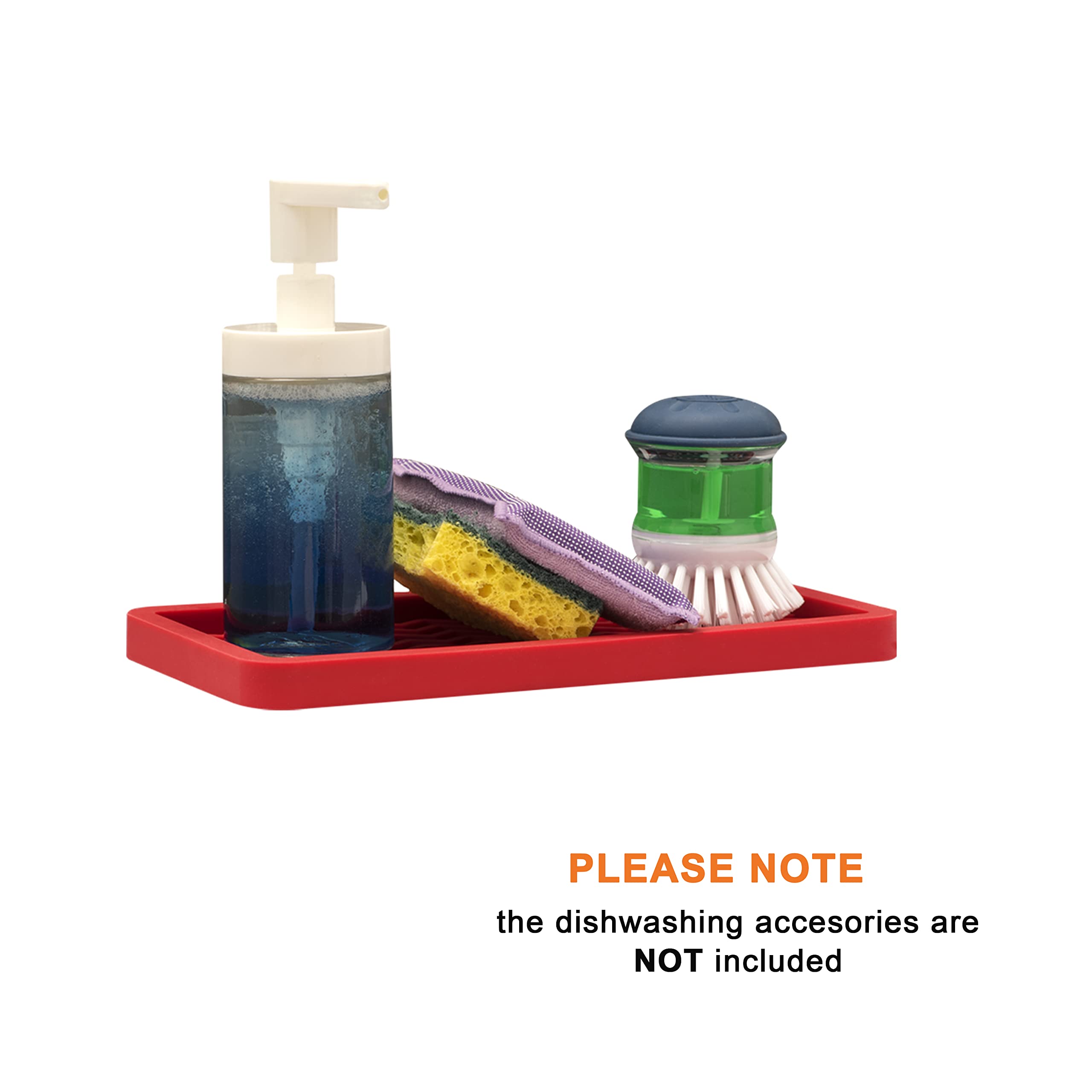 HomeBee Silicone Kitchen Bath Vanity Organizer Tray, Non-Slip Multipurpose Sink Caddy | Dish Sponge, Brush, Soap Dispenser Bottle Holder | Dishwasher Safe Rubber Counter Mat (10 x 5.25 Inch β Red)