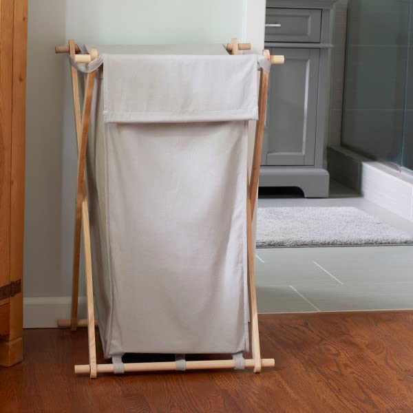 Household Essentials X-Frame Wood Laundry Hamper, Folding Wood Frame with Washable Gray Poly-Cotton Bag Large