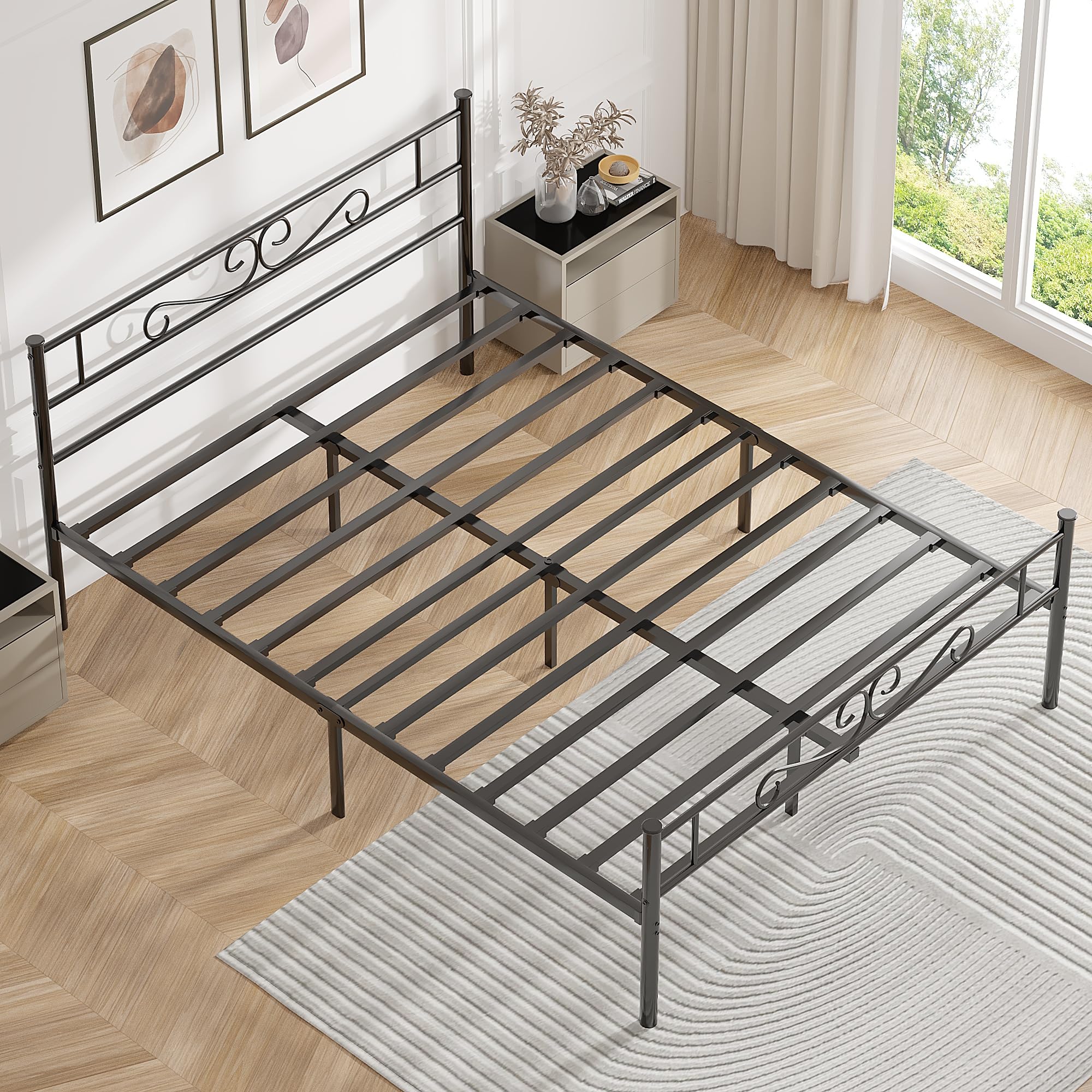 VECELO Full Size Bed Frame with Headboard, 14 Inch Metal Platform Mattress Foundation, No Box Spring Needed, Squeak Resistant, Easy Assembly, Matte Black