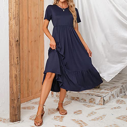 Summer Maxi Dresses for Women 2023, Casual Short Sleeve Crewneck Flowy Long Dresses Tiered Swing Beach Dress with Pockets(Navy, S)