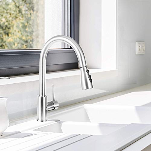 Kitchen Faucet with Pull Down Sprayer,Single Handle Kitchen Sink Faucet with Pull Out Sprayer,High Arc,Stainless Steel Kitchen Faucets with Deck Plate,Brushed Nickel KC-98001BS