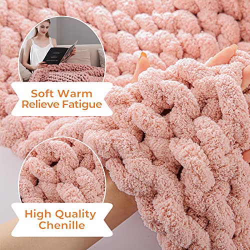 QQP Chunky Knit Throw Blanket,Hand Made with Jumbo Chenille Yarn Crochet Blanket,Super Cozy and Soft Chunky Knitted Throw Blanket for Sleep&Home Decor.(40x40In Dusty Pink)