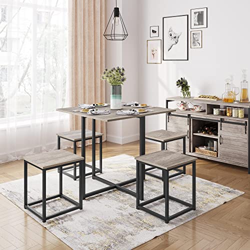 Yaheetech 5-Piece Dining Table Set - Industrial Kitchen & Chairs Sets for 4 Compact with Stools Space-Saving Design Apartment, Small Space, Breakfast Nook, Gray