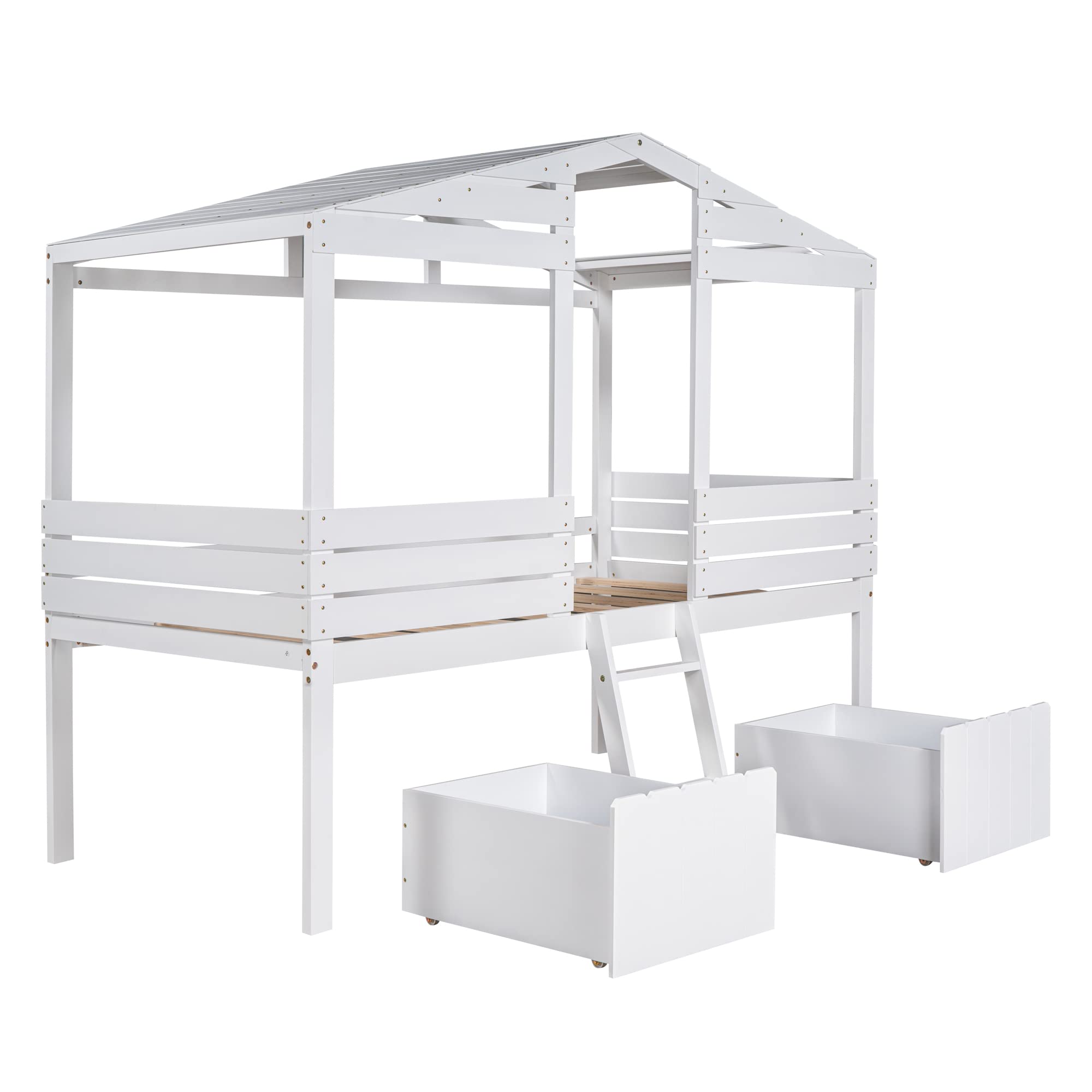 Merax Junior Wood Loft House Bed with Ladder/Drawers, Low Loft Bunk Bed for Girls Boys,No Box Spring Needed/Space Saving Twin Size White