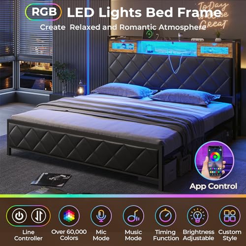 DICTAC King Size Bed Frame with Storage Headboard and Led Lights,Metal Platform Bed Frame King Size with Headboard and Charging Station,Rustic Brown
