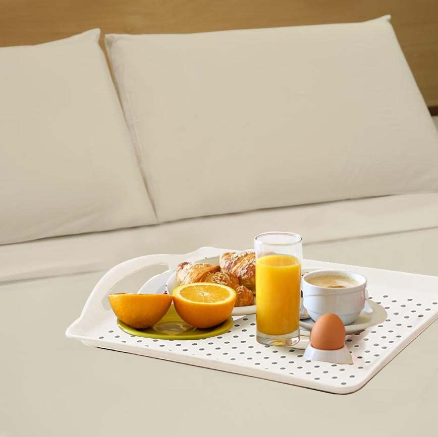 HOIGON 4 Pack 16.5 x 11.4 x 1.6 Inch Anti-Slip Food Serving Tray with Handles, Rectangular Plastic Serving Trays Cafeteria Trays Dinner Trays for Eating On Couch, Bed