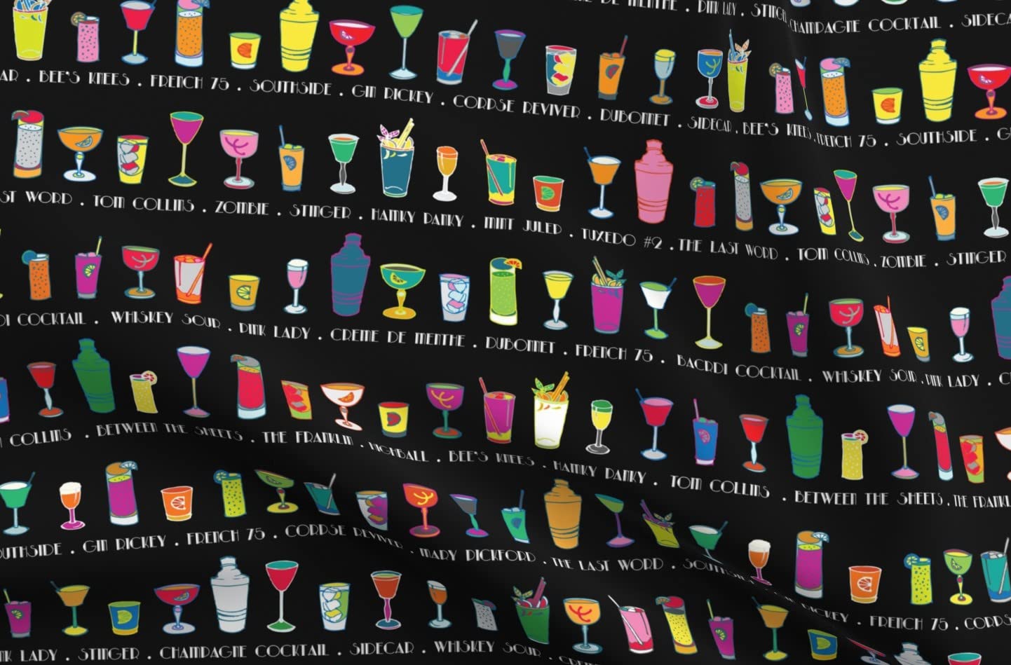 Spoonflower Fabric - Black Cocktail 1920S Retro Vintage Alcohol Alcoholic Beverage Drinks Printed on Petal Signature Cotton Fabric Fat Quarter - Sewing Quilting Apparel Crafts Decor