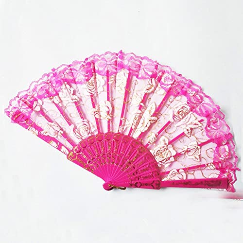 Folding Fan 1Pcs Chinese Style Folding Fan Lace Hand Held Rose Flower Folding Fan Dance Party Wedding Decor Ventilador Plegable Christmas Fan (Black)