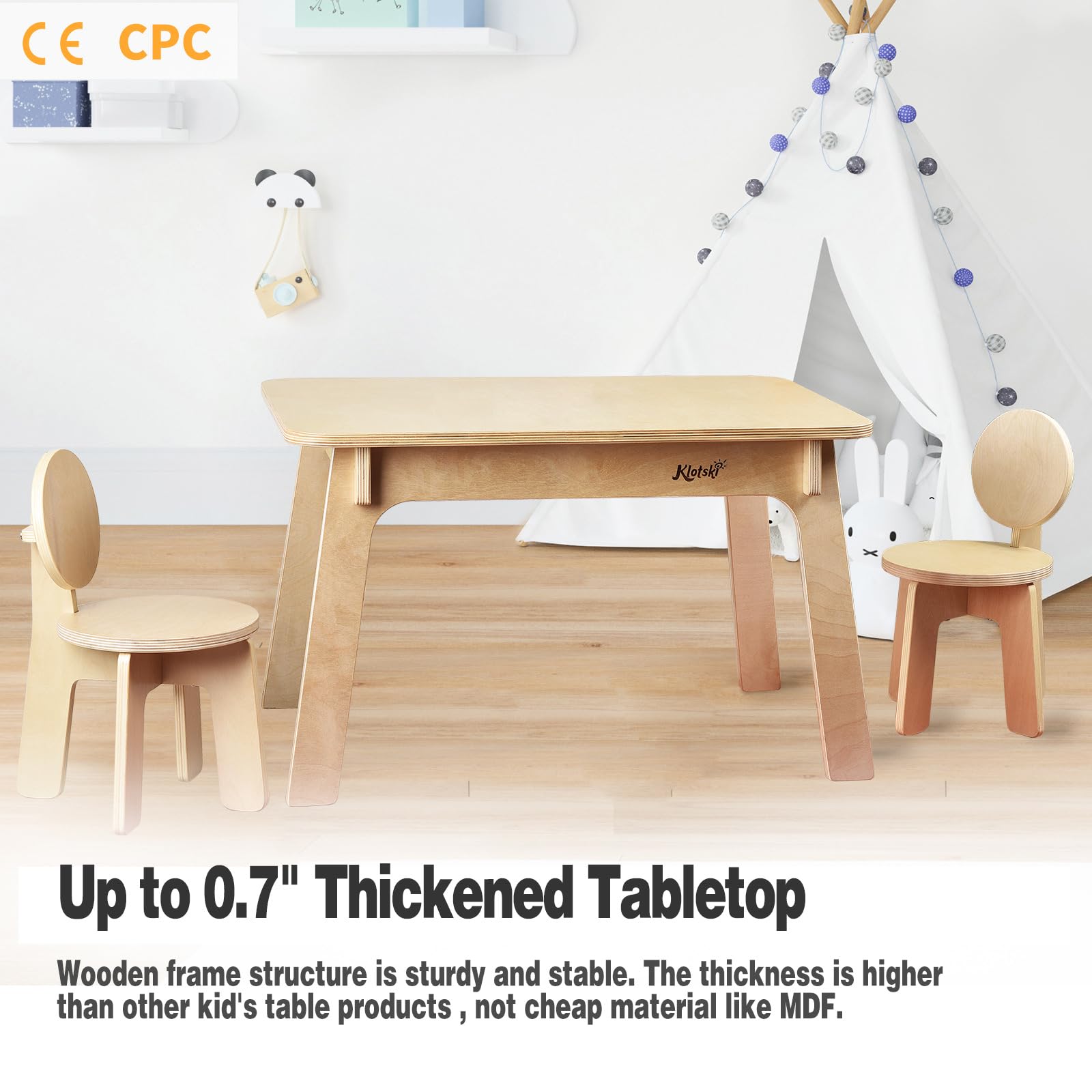 klotski Kids Table and 2 Chair Set, Wood Activity Table and Chairs for Kids Ages 2-5, Children Table with Non-Slip Legs/Round Edge Design for Activity/Play/Art/Read/Craft