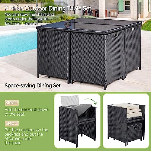 Yaheetech 9-Piece Patio Dining Sets Outdoor Space Saving Rattan Chairs with Glass Table, Wicker Patio Furniture Sets Outdoor Sectional Conversation Set with Removeable Cushions, Black