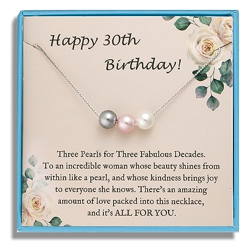 Sereney 30th birthday gifts for her sterling silver pearl necklace as 30 year old birthday gifts for women with three pearl beads on birthday gifts for turning 30 for daughter or friends