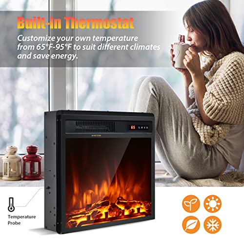 Tangkula 18 Inch Recessed Electric Fireplace Insert, 1500W Freestanding Fireplace Stove Heater W/Adjustable Flame Effect & Temperature, Built-in Thermostat, Timing Function, Remote Control
