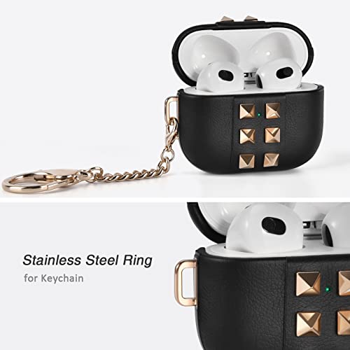 Nereides Compatible with AirPods 3 Case, Protective Leather Cover with Keychain, High-end Fashion Design Skin with Bling Rivets for Women, Supports Wireless Charging, Black