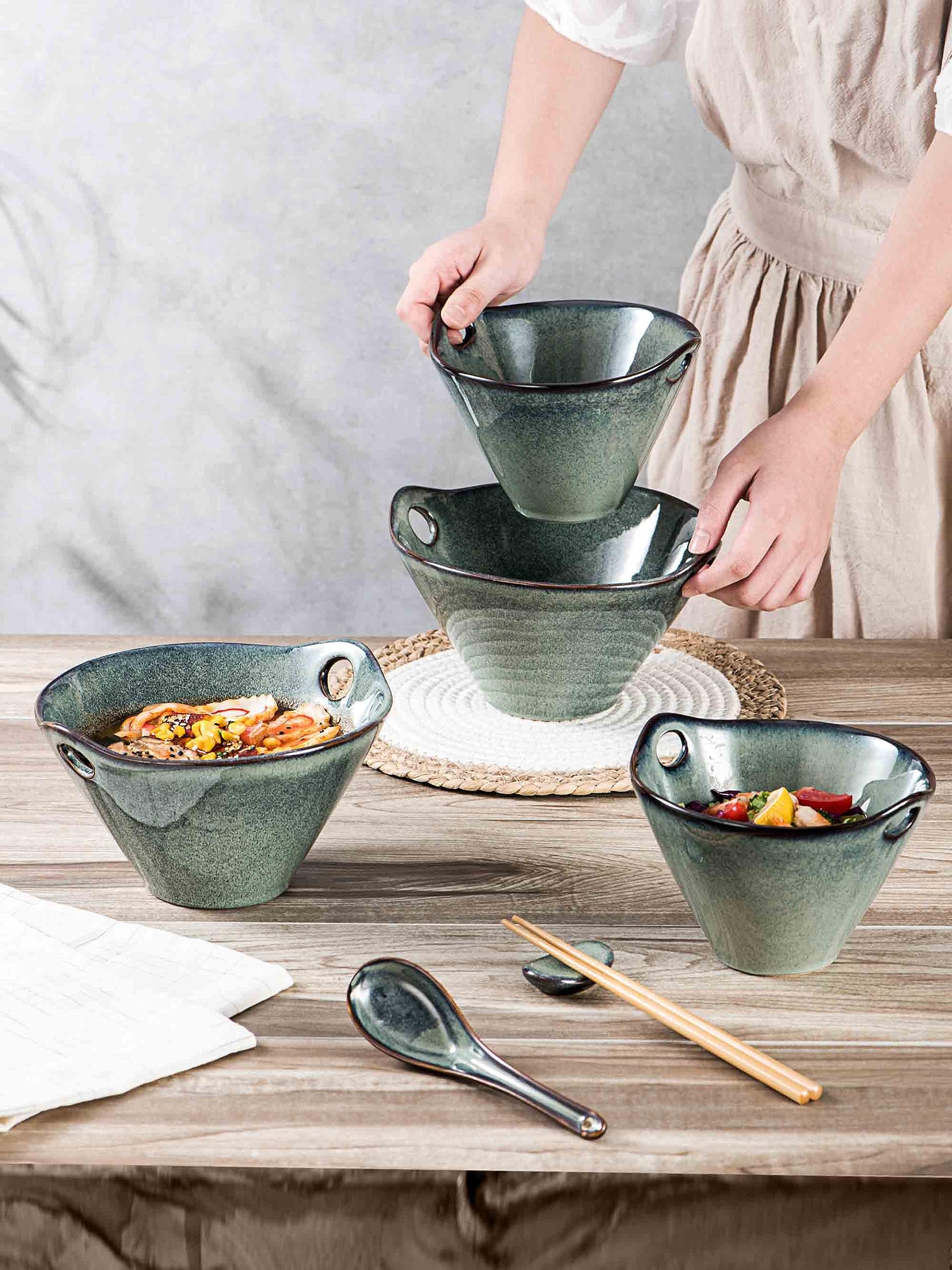 Henten Home 20 OZ Ramen Bowls Set, Ceramic Japanese Noodle Bowls Set of 2, Porcelain Deep Salad Bowl with Chopsticks for Udon, Reactive Glaze, Microwave Safe (Teal)