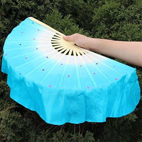 Folding Fan 2Pcs Chinese Short Bellydance Fan 30Cm Bamboo+10Cm Half Circle Silk Veil Pairs Yangko Dance Bamboo Fans Hand Dye Adults Fan (Blue Right Hand Only)